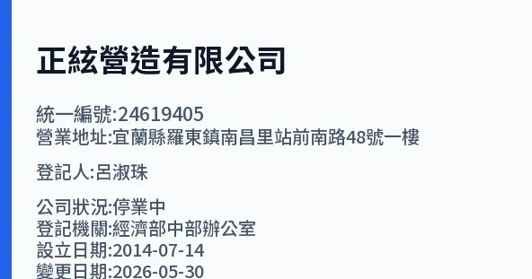 正絃營造有限公司的照片-統編 24619405(宜蘭縣) 公司登記資料與營業項目詳細圖表