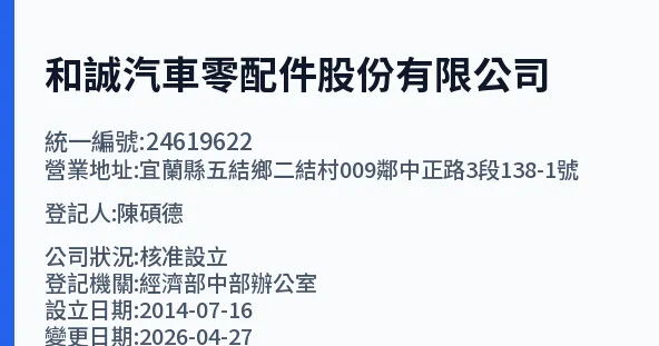 和誠汽車零配件股份有限公司的照片-統編 24619622(宜蘭縣) 公司登記資料與營業項目詳細圖表