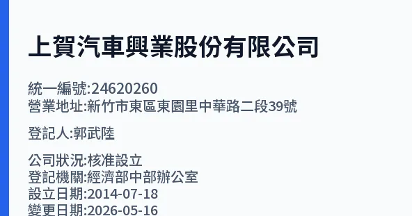 上賀汽車興業股份有限公司的照片-統編 24620260(新竹市) 公司登記資料與營業項目詳細圖表