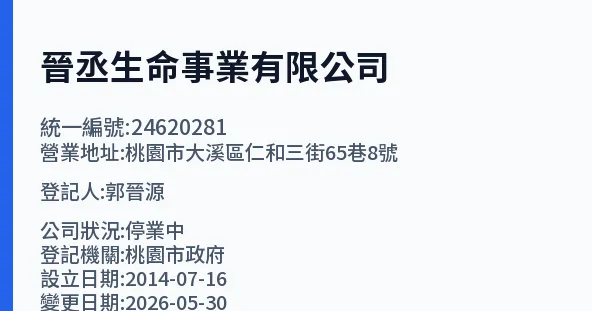 晉丞生命事業有限公司的照片-統編 24620281(桃園市) 公司登記資料與營業項目詳細圖表