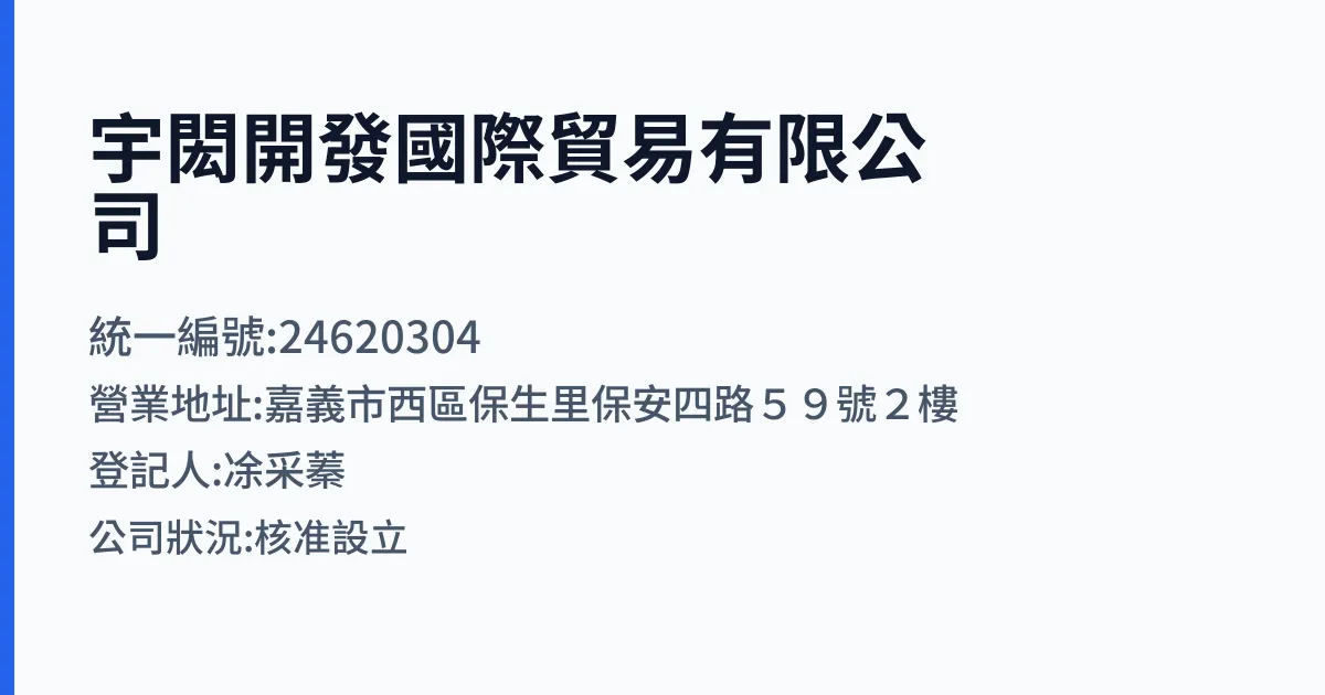 宇閎開發國際貿易有限公司 - 統編 24620304(嘉義市) 公司登記資料與營業項目詳細圖表