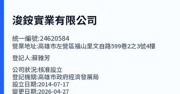 浚銨實業有限公司的照片-統編 24620584(高雄市) 公司登記資料與營業項目詳細圖表