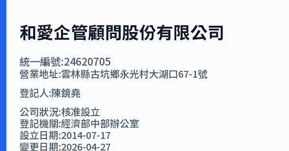和愛企管顧問股份有限公司的照片-統編 24620705(雲林縣) 公司登記資料與營業項目詳細圖表