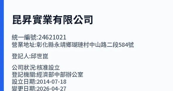 昆昇實業有限公司的照片-統編 24621021(彰化縣) 公司登記資料與營業項目詳細圖表