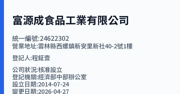富源成食品工業有限公司的照片-統編 24622302(雲林縣) 公司登記資料與營業項目詳細圖表