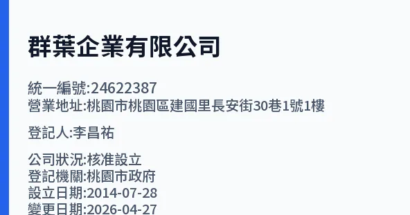群葉企業有限公司的照片-統編 24622387(桃園市) 公司登記資料與營業項目詳細圖表