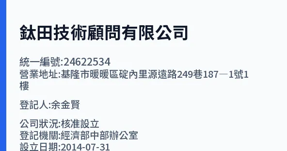 鈦田技術顧問有限公司的照片-統編 24622534(基隆市) 公司登記資料與營業項目詳細圖表