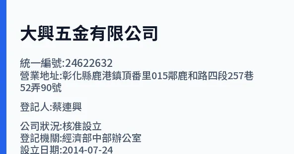 大興五金有限公司的照片-統編 24622632(彰化縣) 公司登記資料與營業項目詳細圖表