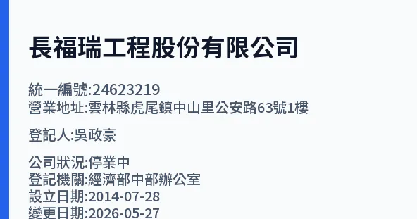 長福瑞工程股份有限公司的照片-統編 24623219(雲林縣) 公司登記資料與營業項目詳細圖表