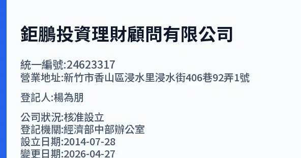 鉅鵬投資理財顧問有限公司的照片-統編 24623317(新竹市) 公司登記資料與營業項目詳細圖表