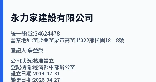 永力家建設有限公司的照片-統編 24624478(苗栗縣) 公司登記資料與營業項目詳細圖表