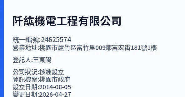 阡紘機電工程有限公司的照片-統編 24625574(桃園市) 公司登記資料與營業項目詳細圖表