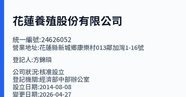 花蓮養殖股份有限公司的照片-統編 24626052(花蓮縣) 公司登記資料與營業項目詳細圖表