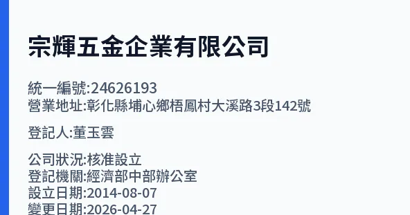 宗輝五金企業有限公司的照片-統編 24626193(彰化縣) 公司登記資料與營業項目詳細圖表