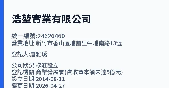 浩堃實業有限公司的照片-統編 24626460(新竹市) 公司登記資料與營業項目詳細圖表