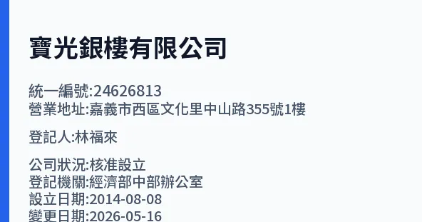 寶光銀樓有限公司的照片-統編 24626813(嘉義市) 公司登記資料與營業項目詳細圖表