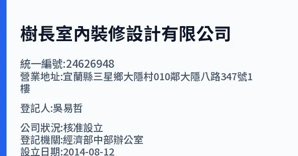 樹長室內裝修設計有限公司的照片-統編 24626948(宜蘭縣) 公司登記資料與營業項目詳細圖表