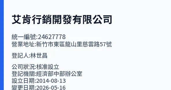 艾肯行銷開發有限公司的照片-統編 24627778(新竹市) 公司登記資料與營業項目詳細圖表