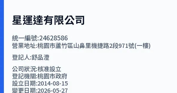 星運達有限公司的照片-統編 24628586(桃園市) 公司登記資料與營業項目詳細圖表