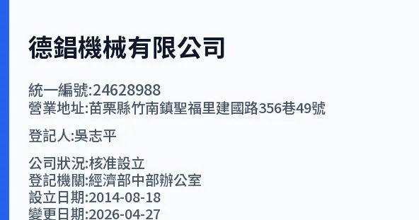德錩機械有限公司的照片-統編 24628988(苗栗縣) 公司登記資料與營業項目詳細圖表