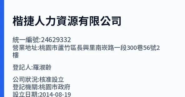 楷捷人力資源有限公司的照片-統編 24629332(桃園市) 公司登記資料與營業項目詳細圖表