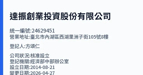 達振創業投資股份有限公司的照片-統編 24629451(臺北市) 公司登記資料與營業項目詳細圖表