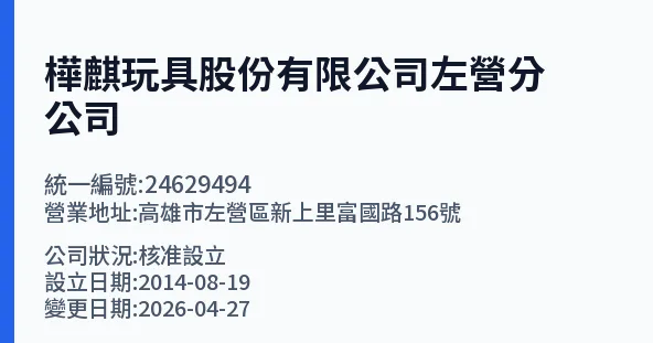 樺麒玩具股份有限公司左營分公司的照片-統編 24629494(高雄市) 公司登記資料與營業項目詳細圖表