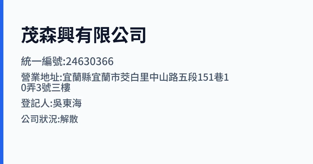 茂森興有限公司 - 統編 24630366(宜蘭縣) 公司登記資料與營業項目詳細圖表