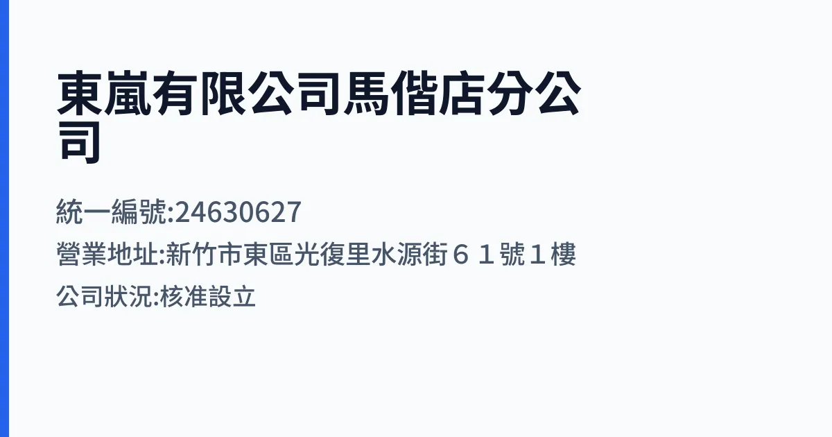 東嵐有限公司馬偕店分公司 - 統編 24630627(新竹市) 公司登記資料與營業項目詳細圖表