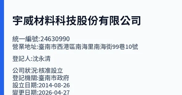 宇威材料科技股份有限公司的照片-統編 24630990(臺南市) 公司登記資料與營業項目詳細圖表