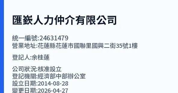 匯嶔人力仲介有限公司的照片-統編 24631479(花蓮縣) 公司登記資料與營業項目詳細圖表
