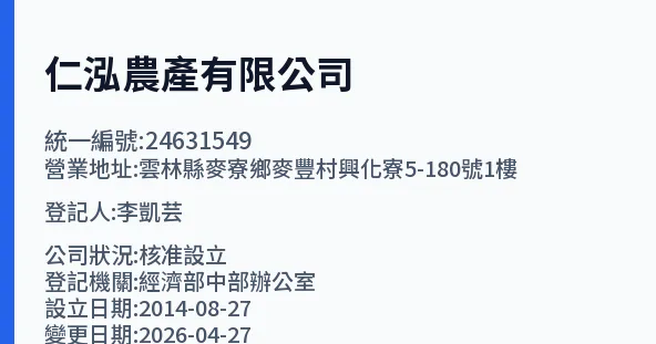 仁泓農產有限公司的照片-統編 24631549(雲林縣) 公司登記資料與營業項目詳細圖表