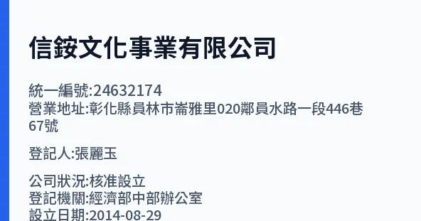 信銨文化事業有限公司的照片-統編 24632174(彰化縣) 公司登記資料與營業項目詳細圖表