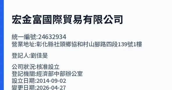 宏金富國際貿易有限公司的照片-統編 24632934(彰化縣) 公司登記資料與營業項目詳細圖表