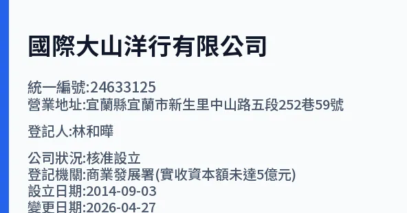 國際大山洋行有限公司的照片-統編 24633125(宜蘭縣) 公司登記資料與營業項目詳細圖表