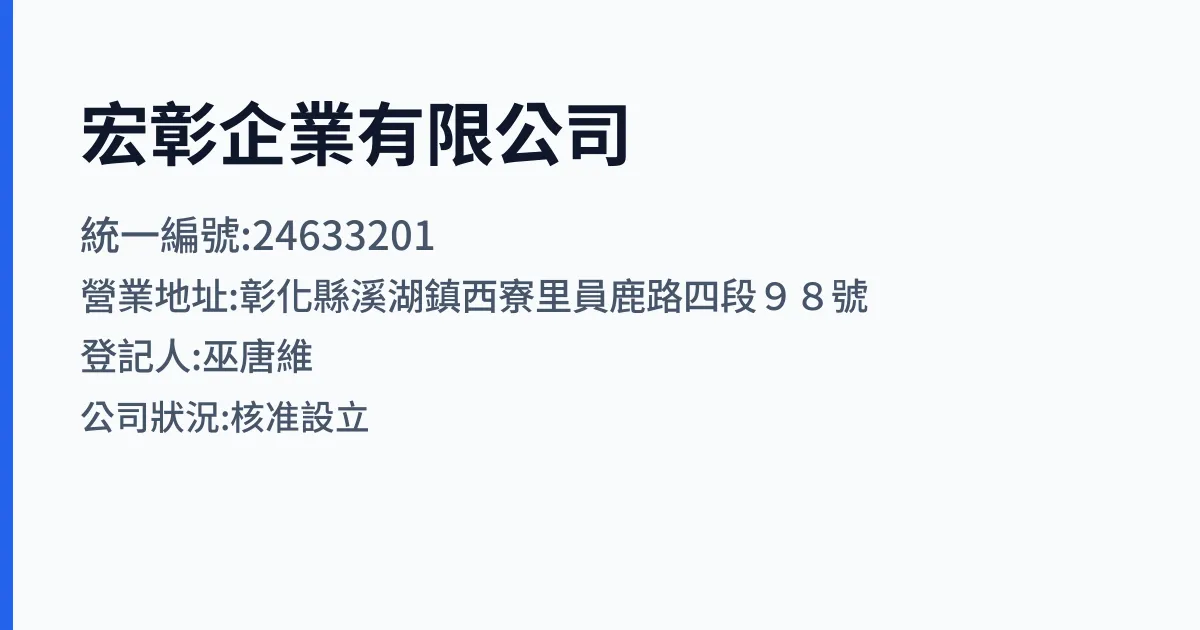 宏彰企業有限公司 - 統編 24633201(彰化縣) 公司登記資料與營業項目詳細圖表