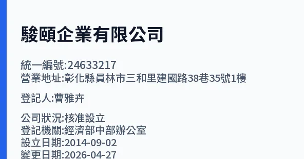 駿頤企業有限公司的照片-統編 24633217(彰化縣) 公司登記資料與營業項目詳細圖表