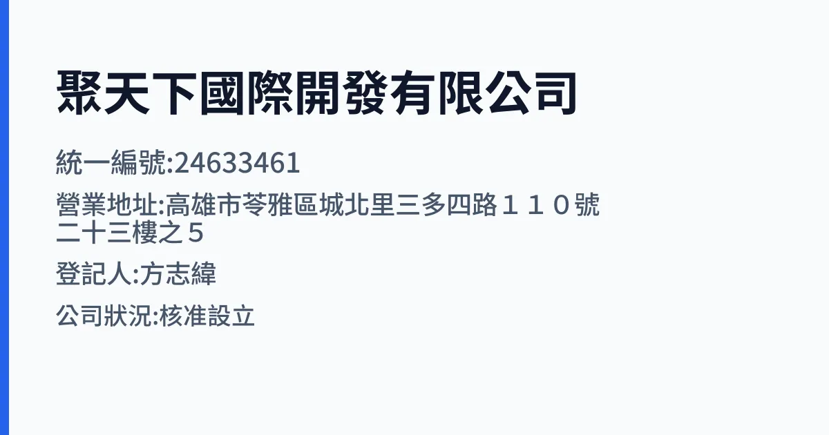聚天下國際開發有限公司 - 統編 24633461(高雄市) 公司登記資料與營業項目詳細圖表