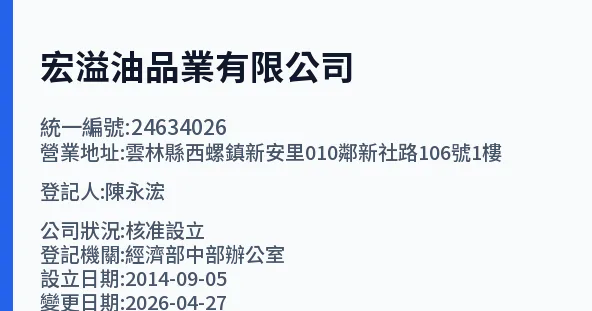 宏溢油品業有限公司的照片-統編 24634026(雲林縣) 公司登記資料與營業項目詳細圖表