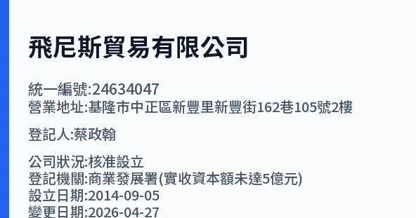 飛尼斯貿易有限公司的照片-統編 24634047(基隆市) 公司登記資料與營業項目詳細圖表