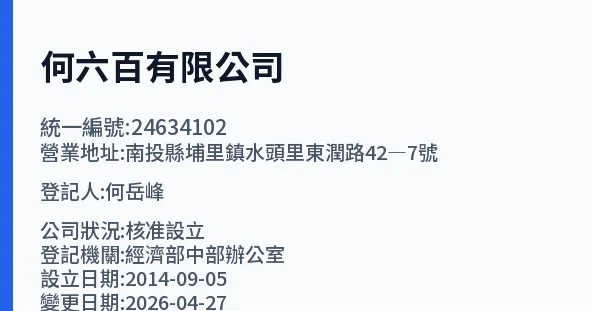 何六百有限公司的照片-統編 24634102(南投縣) 公司登記資料與營業項目詳細圖表