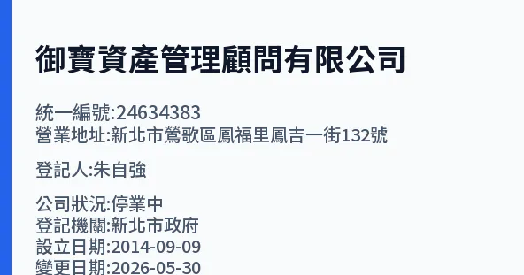 御寶資產管理顧問有限公司的照片-統編 24634383(新北市) 公司登記資料與營業項目詳細圖表