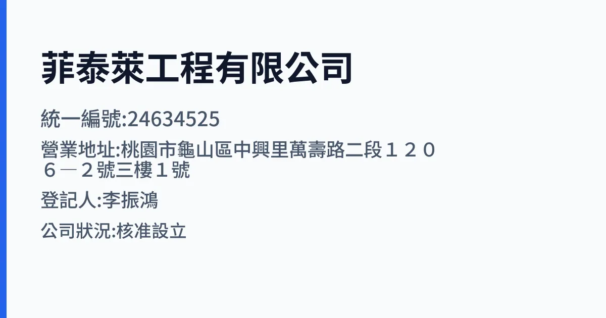 菲泰萊工程有限公司 - 統編 24634525(桃園市) 公司登記資料與營業項目詳細圖表