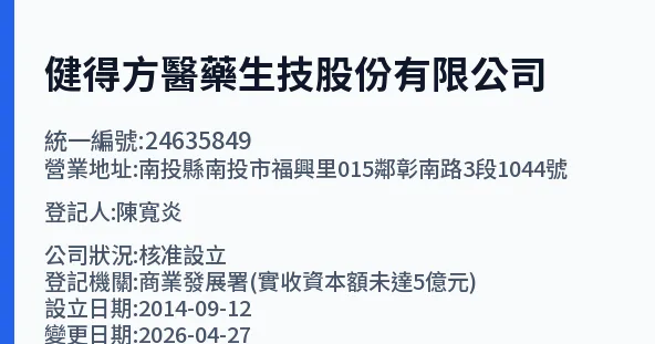 健得方醫藥生技股份有限公司的照片-統編 24635849(南投縣) 公司登記資料與營業項目詳細圖表