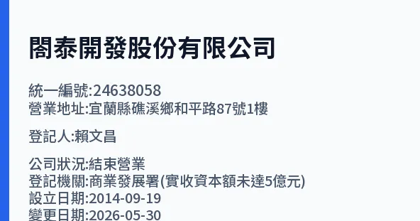 閤泰開發股份有限公司的照片-統編 24638058(宜蘭縣) 公司登記資料與營業項目詳細圖表