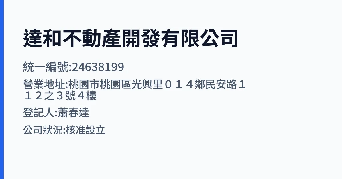達和不動產開發有限公司 - 統編 24638199(桃園市) 公司登記資料與營業項目詳細圖表