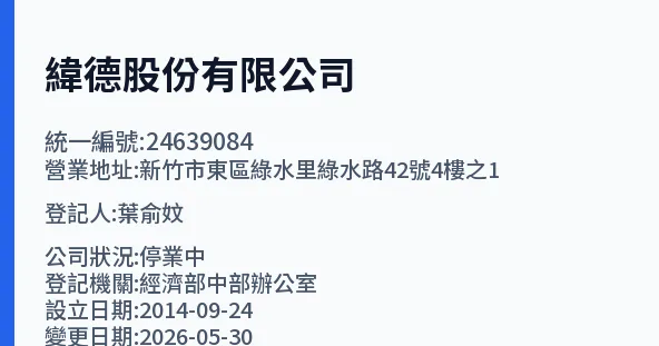 緯德股份有限公司的照片-統編 24639084(新竹市) 公司登記資料與營業項目詳細圖表