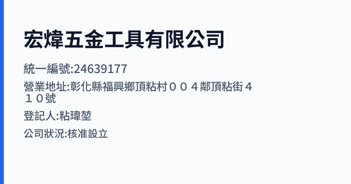宏煒五金工具有限公司 - 統編 24639177(彰化縣) 公司登記資料與營業項目詳細圖表