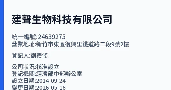 建聲生物科技有限公司的照片-統編 24639275(新竹市) 公司登記資料與營業項目詳細圖表