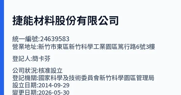 捷能材料股份有限公司的照片-統編 24639583(新竹市) 公司登記資料與營業項目詳細圖表